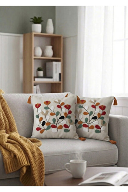 SİMEREV HALI HOME CONSEPT Punch Nakışlı 2 Adet Krem Kumaş Püsküllü ...