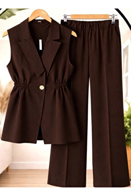 onlymoon Beige Double Crepe Fabric Vest and Pants Set | Women's High ...