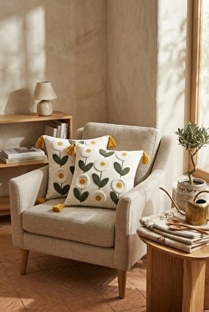 SİMEREV HALI HOME CONSEPT Punch Nakışlı 2 Adet Krem Kumaş Püsküllü ...