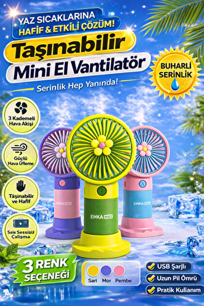 FREED TOOLS Mini Şarjlı El Fanı Telefon Standlı 3 Kademe Hız Type C ...