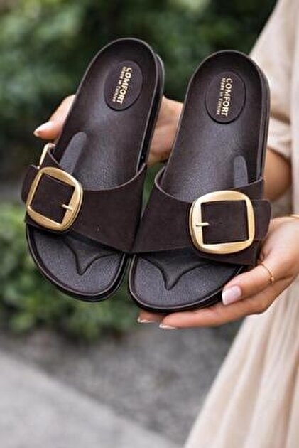 Moda Devrin Bej Comfort Ortopedik Ekstra Hafif Gold Tek Toka Terlik ...