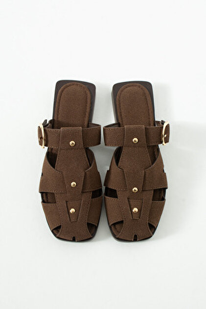 DUXAL SHOES Fabian Kadın Camel Süet Kafesli Sandalet Terlik Toka ...