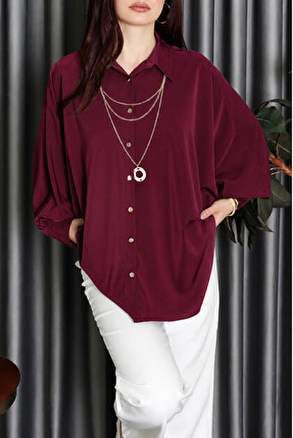Noi Belis Aksesuar Detaylı Oversize Yarasa Kol Dokuma Gömlek SS26GO0015 ...