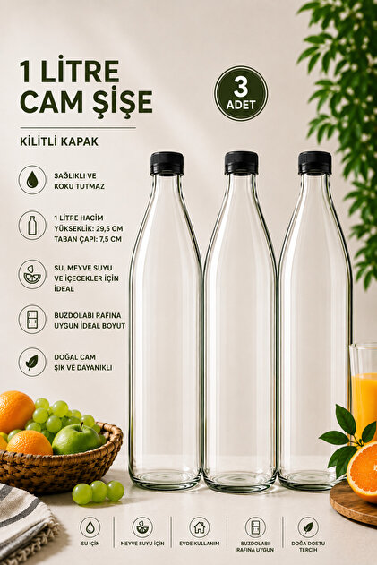 Rotanev 3 Adet Beyaz Plastik Kapaklı Cam Şişe 1 Litre Şeffaf Sürahi Süt ...