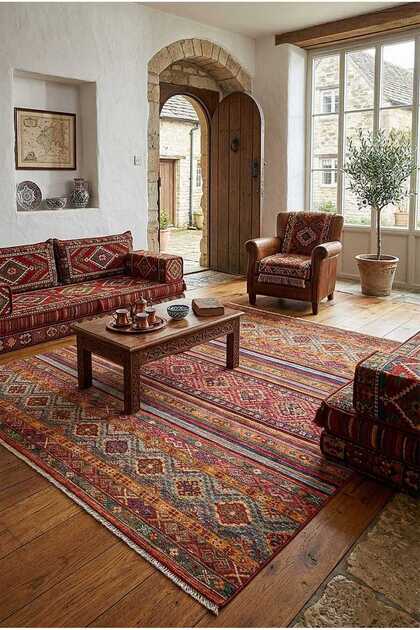 Frenda Etnik Kilim Desenli Pamuk Taban Yıkanabilir Baskılı Dekoratif ...