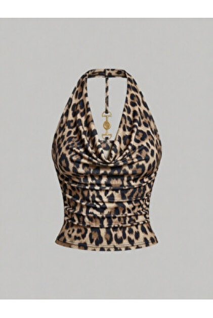 Wildco Kahverengi Degaje Yaka Halter Crop Bluz Metal Aksesuar Detaylı ...
