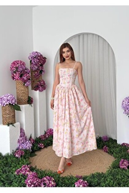 Caddebostan Moda Çiçek Desenli İp Askılı Korseli Midi Elbise Şık Yazlık ...