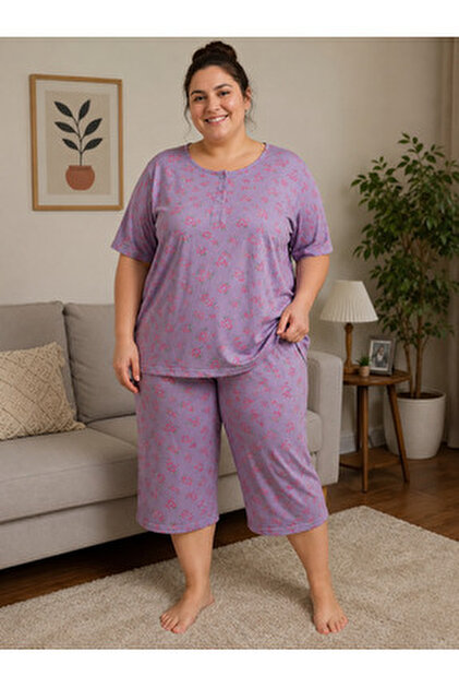 BALİS PİJAMA Kadın Büyük Beden Çiçek Desenli Benekli Pijama Takımı Kısa ...