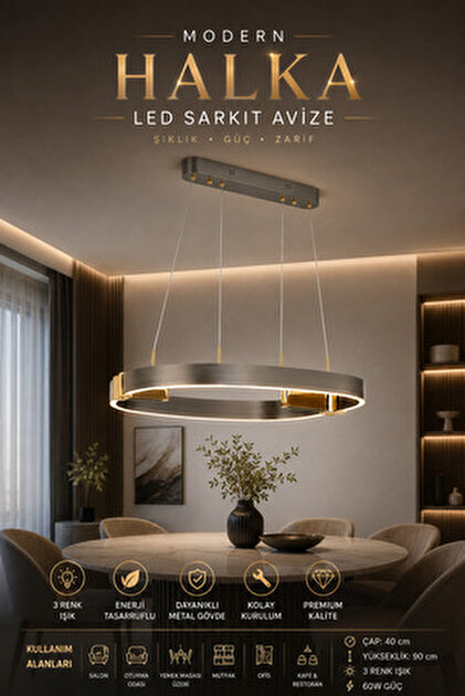 Elvora Home Halka Modern (PREMİUM) 3 Renkli LEDli Sarkıt Avizesi Platin ...