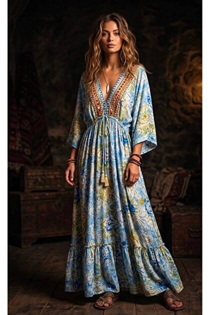 moda gk Etnik Desenli Parlak Desenli Bohem İpek Elbise - Fiyatı, Yorumları