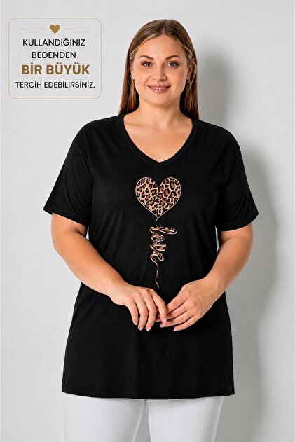 LOTTEBELLA Kadın V Yaka Kalp Baskılı Yırtmaçlı Büyük Beden T-shirt ...