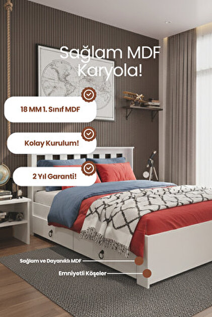 RENAZZO Stark Tek Kişilik 2 Çekmeceli Modern Karyola - 1. Sınıf 18 mm ...