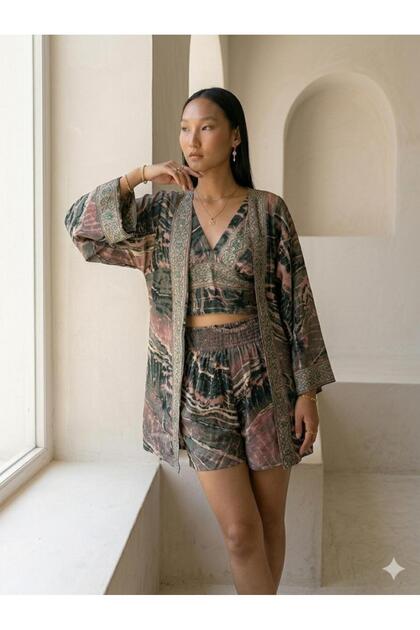 Enuverbi Kadın - 3’lü İpek Set - Etnik Desenli Kimono, Gipe Detaylı ...