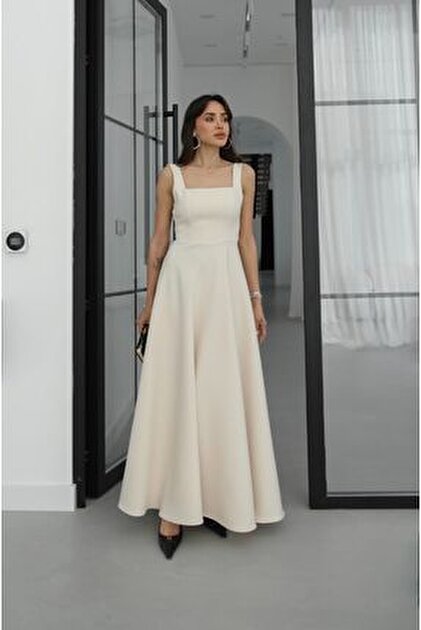 FMN Moda bel fiyonk bağlamalı geniş kloş etek kare yaka tasarım uzun ...