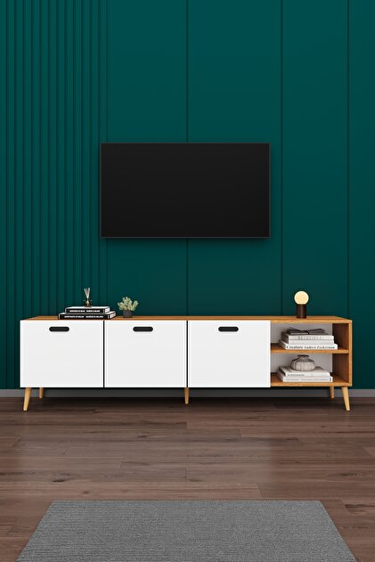 Asra Trend Modern TV Ünitesi %100 MDF Kapaklı Ahşap Ayaklı Televizyon ...