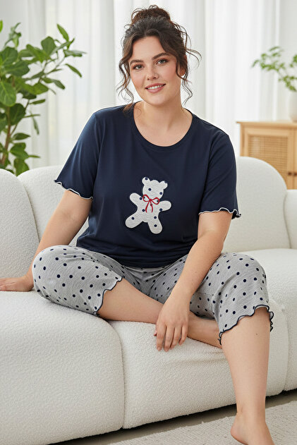 Siyah İnci desenli Pamuklu Büyük Beden Battal Boy Örme Pijama Takım ...