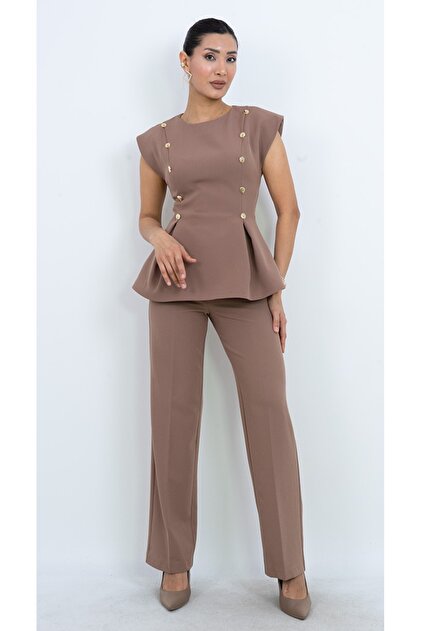 Dorne Moda Özel Koleksiyon Kruvaze Gold Düğmeli Peplum Bluz Ve Pantolon ...