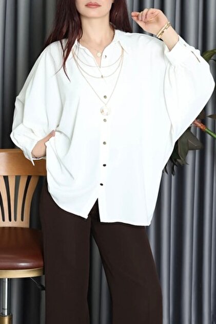 Noi Belis Aksesuar Detaylı Oversize Yarasa Kol Dokuma Gömlek SS26GO0015 ...
