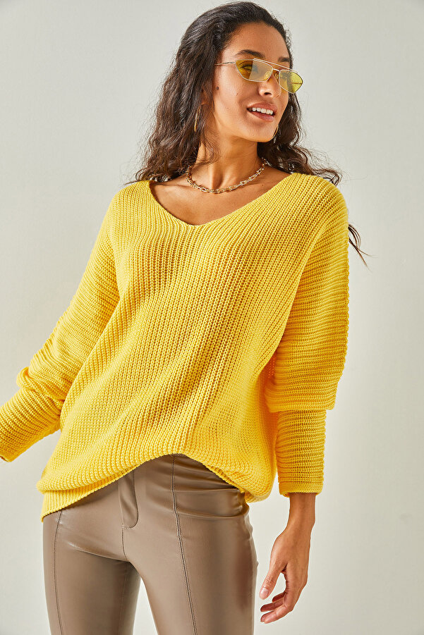 Olalook Women's Yellow V-Neck Thessaloniki Knit Oversize Knitwear Tunik ...