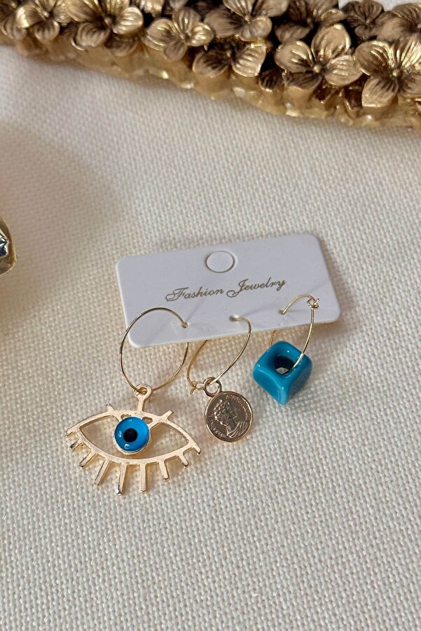 Trendy Butik Earrings and Beads Set - Eye Medallion and Nostalgia- Trendyol