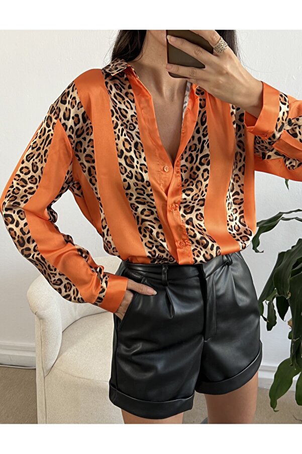 minaaise Orange Satin Leopard Pattern Shirt 25283- Trendyol