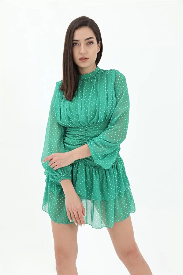 Begonia Design Rochie din șifon plisată cu buline verzi - Trendyol