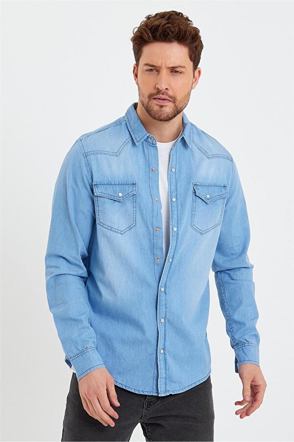 EXPLODE Light Blue Men's Denim Shirt- Trendyol