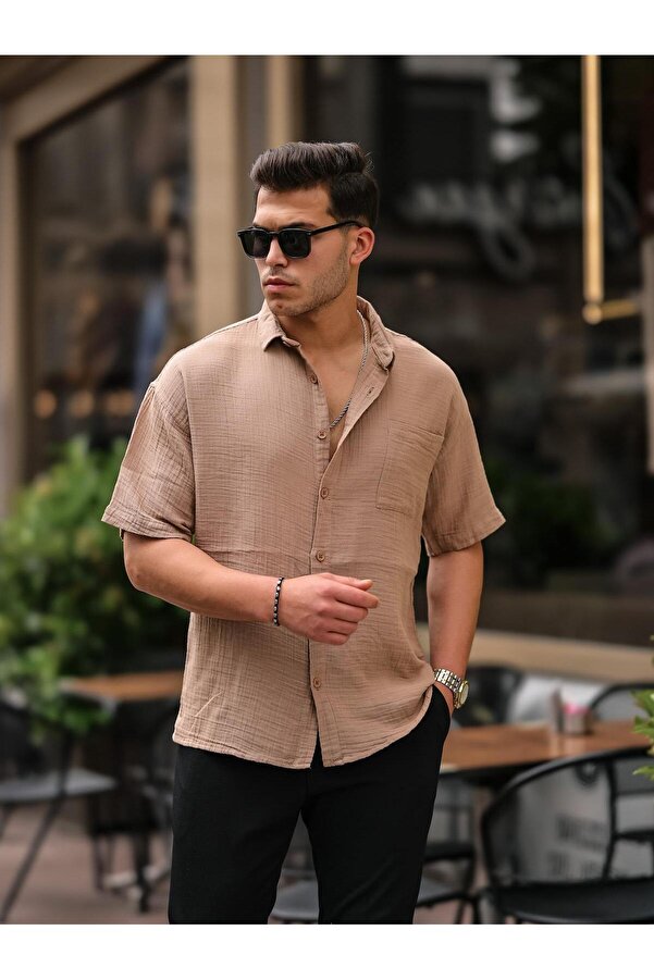 Valiberta Oversize Muslin Fabric Single Pocket Shirt - Beige- Trendyol
