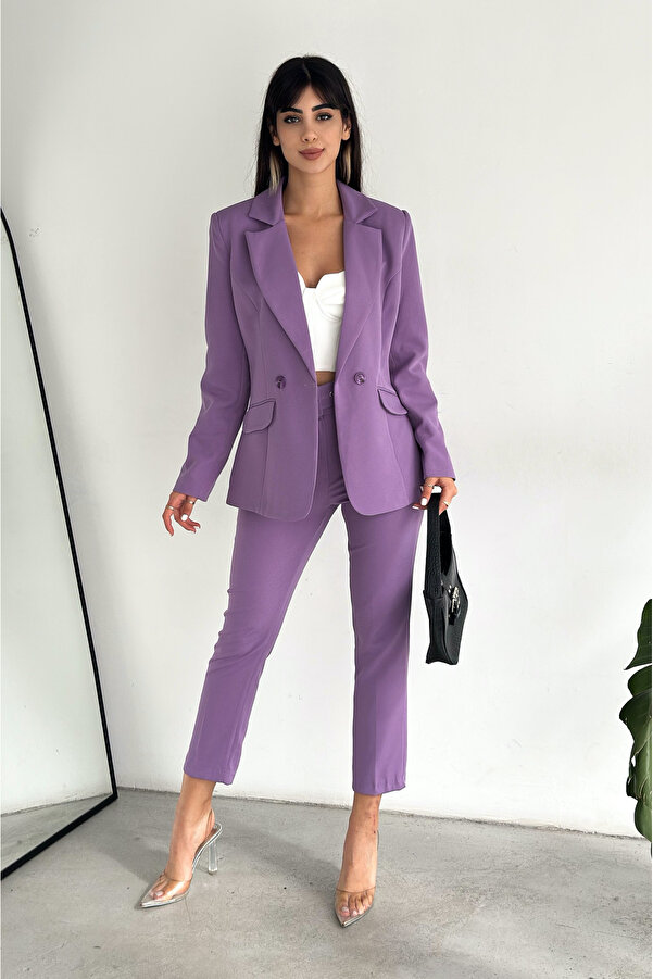 diaves Lilac Double Breasted Blazer Jacket Carrot Pants Suit- Trendyol
