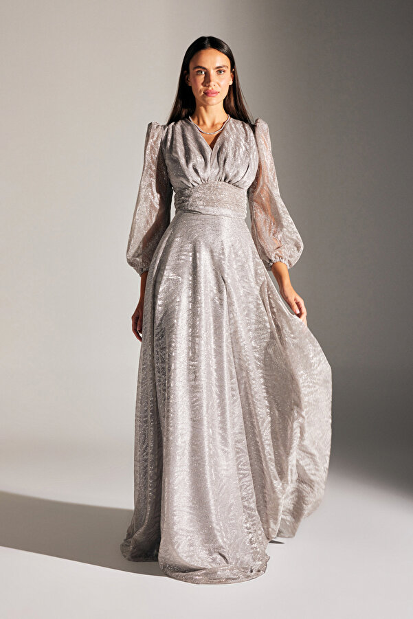 Betty & Sam CAMELA SILVERY FLASHLING MINK COLOR BALLOON SLEEVE EVENING ...