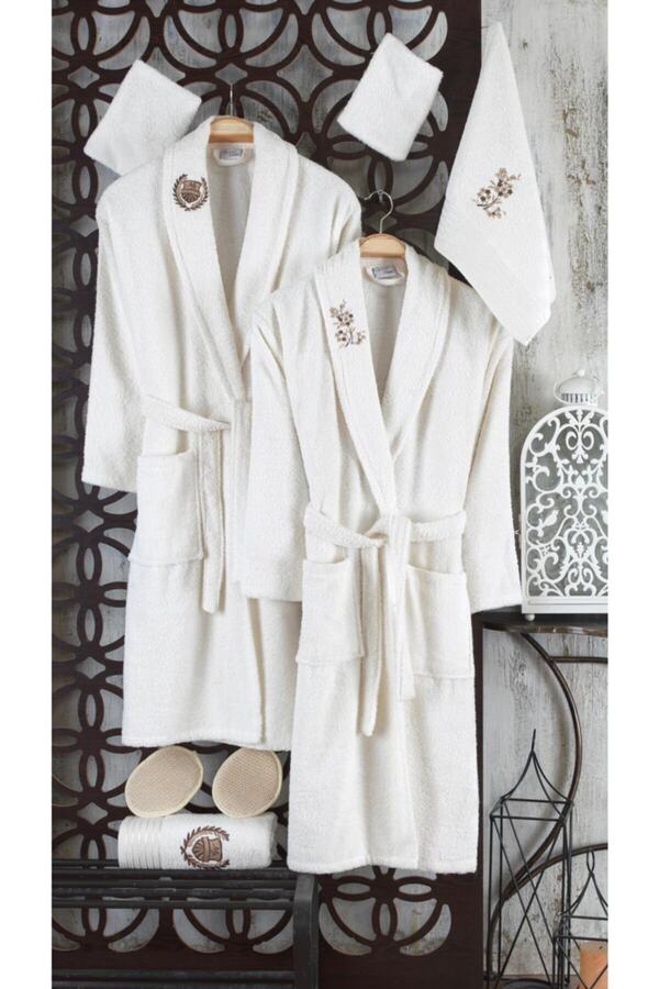 Güvenal Dream Cream Embroidered Cotton Bathrobe Set 10 Pieces- Trendyol