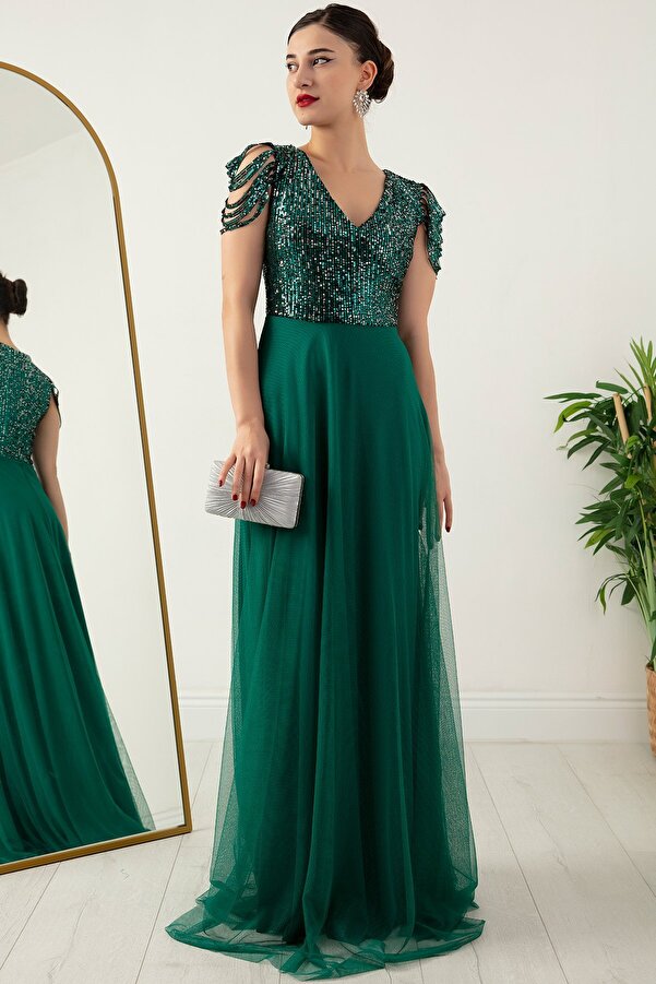 PULLIMM Top Paiete Paiete Șase Tulle Rochie Lungă de Seară 13118- Trendyol