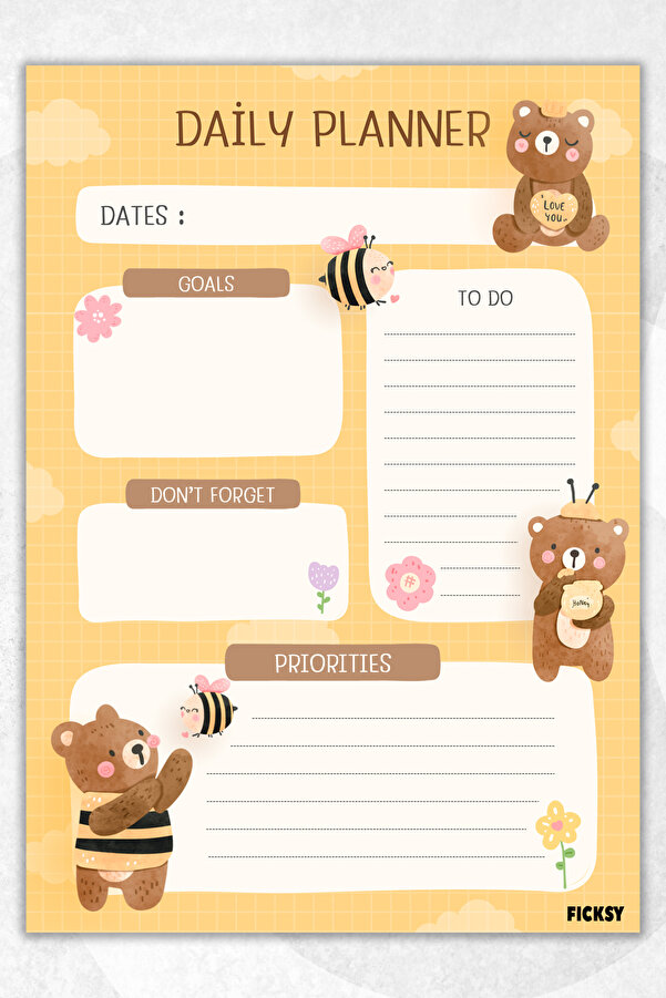 Ficksy Daily Planner - A4 Size - Cute Teddy Bear - 30 Sheets - Daily ...