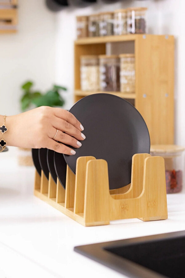 NEWNOW Bamboo Plate Organizer, Plate Rack, In-Cabinet Plate Organizer ...