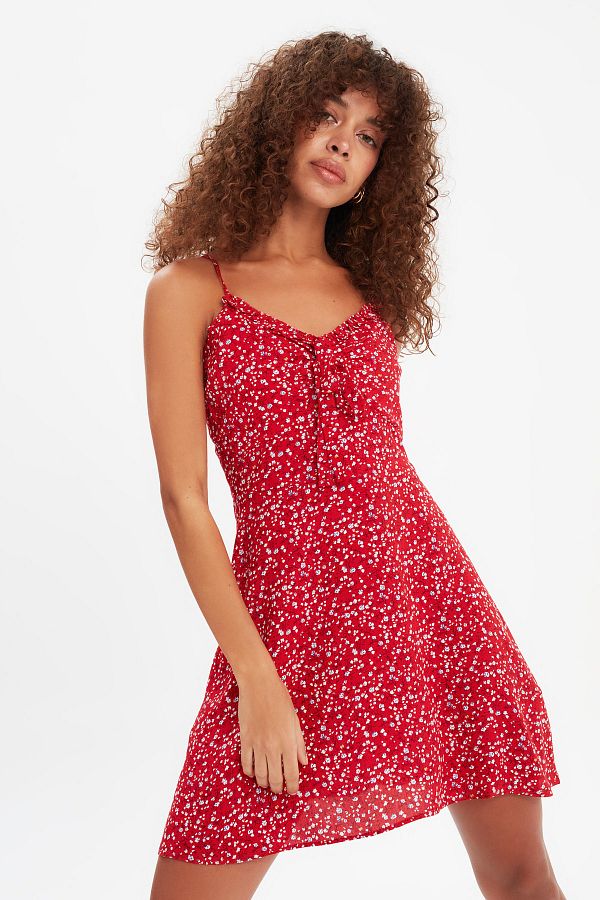 Trendyol Collection Rotes A Linien Mini Webkleid Mit Bindedetail Und