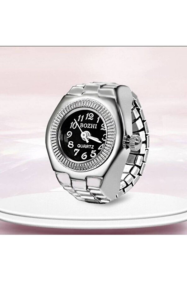 Bozhi Black Silver Mini Clock Ring - Real Clock, Finger Clock, Round ...