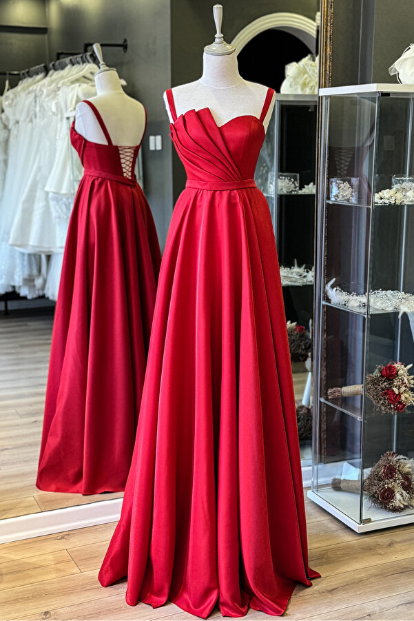 Lenta Moda Red Drape Detailed Maxi Length Satin Evening Dress and ...