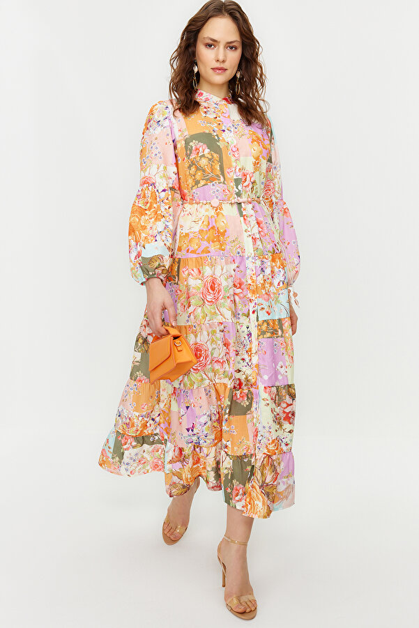 TRENDYOL MODEST Multicolored Floral Patterned Linen Look Woven Dress ...