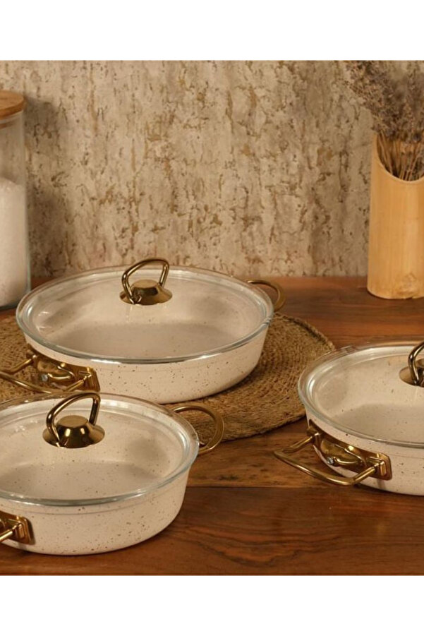 çarşıdayız 6 Piece Granite White Gold Handle Glass Lid Sahan Pan Set 18 ...