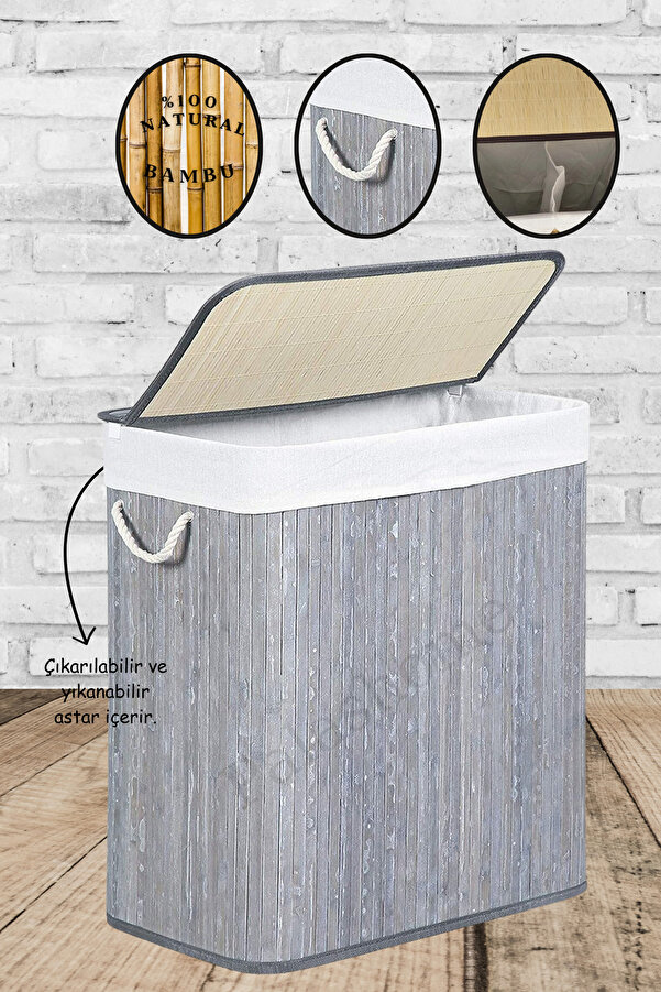 Palashome Natural Bamboo Gray Double Compartment Rectangular Laundry ...