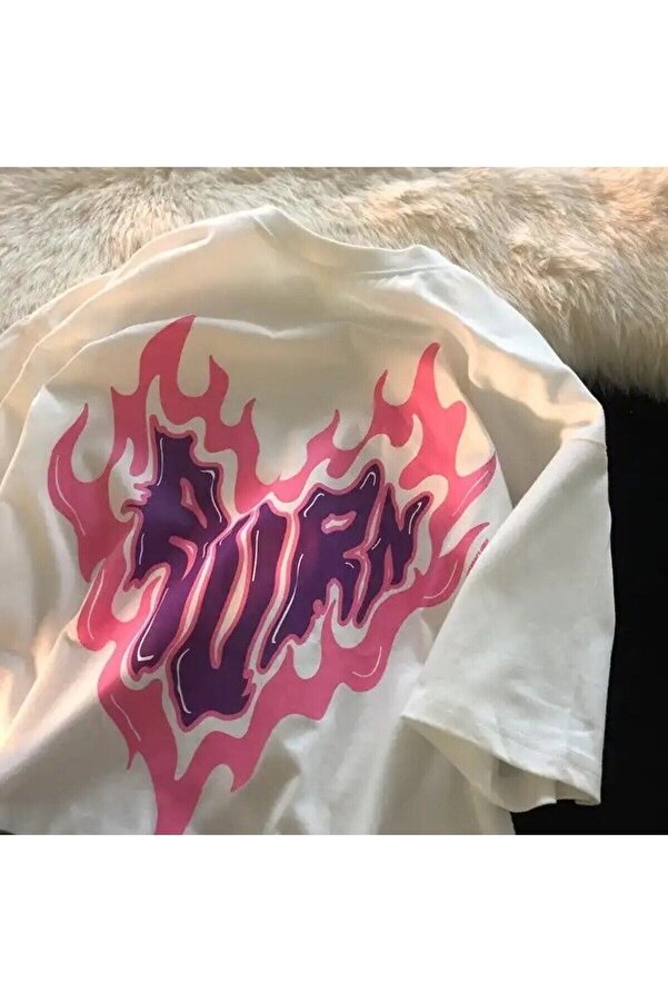 FANBOX SHOP White Unisex Pink Purple Heart Flame T-Shirt- Trendyol