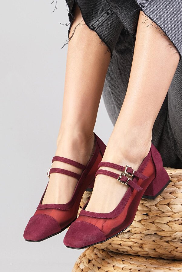 Mio Gusto Burgundy Color Suede Blunt Toe Mesh Detailed Women's Short ...