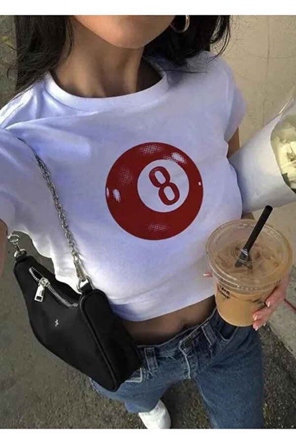 Toum dompuleri fashion Y2k Eight Ball White Crop - Trendyol