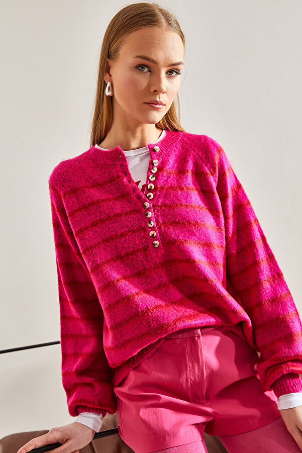 Bianco Lucci Charmed gestreifter Strickpullover mit 11 Knöpfen für Damen- Trendyol