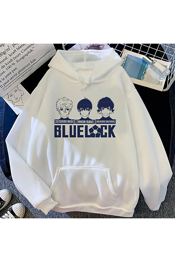 Dwn Wear Blue Lock Face White Hooded Sweatshirt - Trendyol