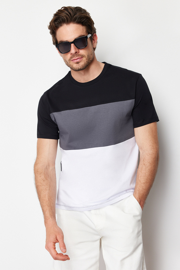 Trendyol Collection Color Blocked Black Cotton T-Shirt - Regular Fit ...