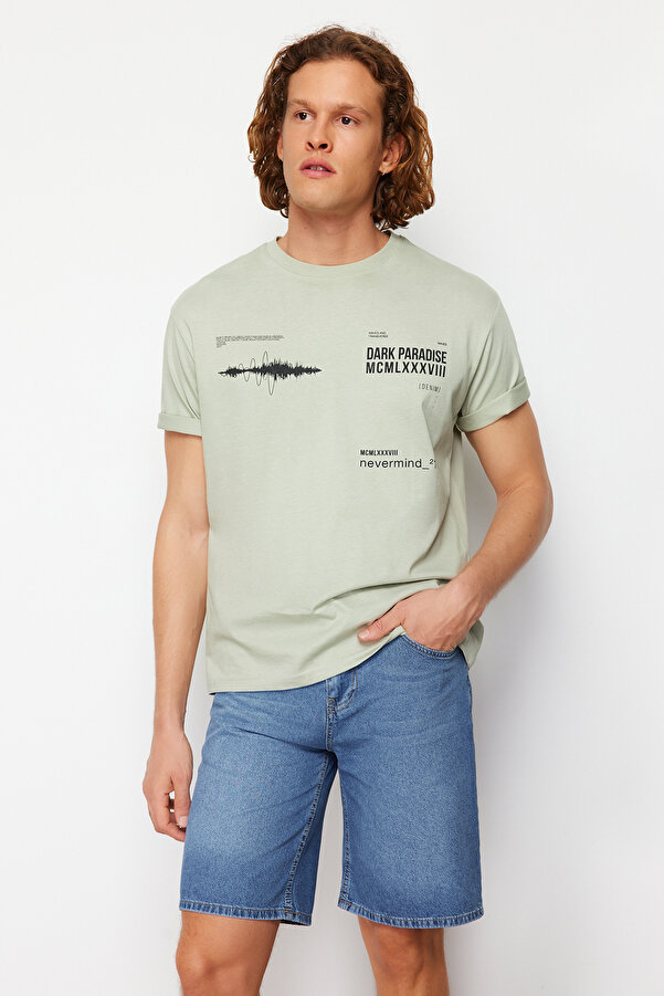 Trendyol Collection Crew Neck Mint Printed Wide Cut Cotton T-Shirt ...