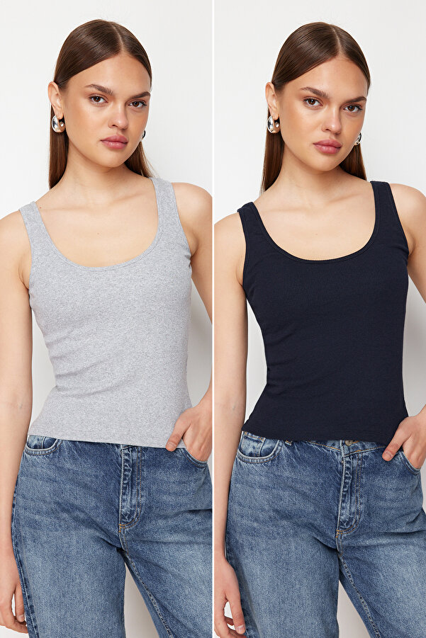 Trendyol Collection Navy Blue-Grey Fitted/Body-Sitting Pool Collar ...