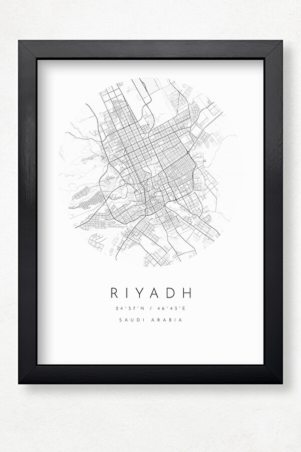 DuoArt Riyadh City Map - Black Poster with Natural Wood Frame - Trendyol