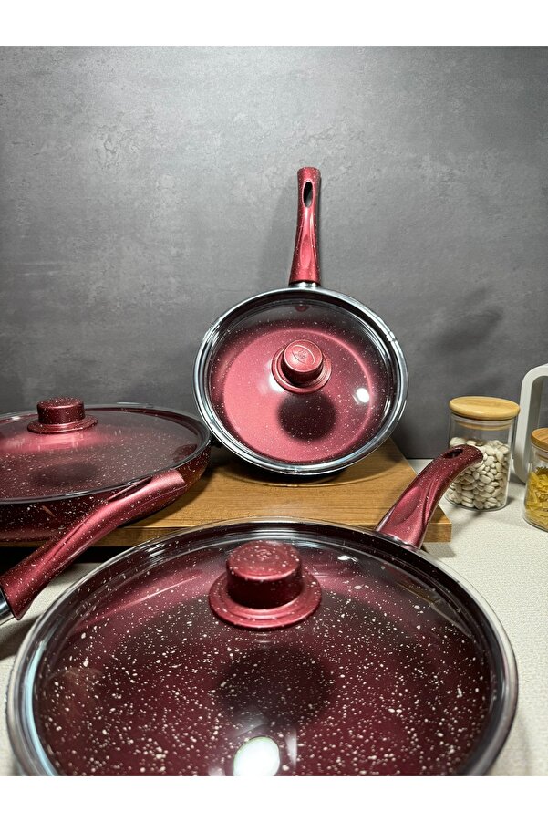 BENA LİFE 4-Piece Red Granite Pan Set - With Glass Lid- Trendyol